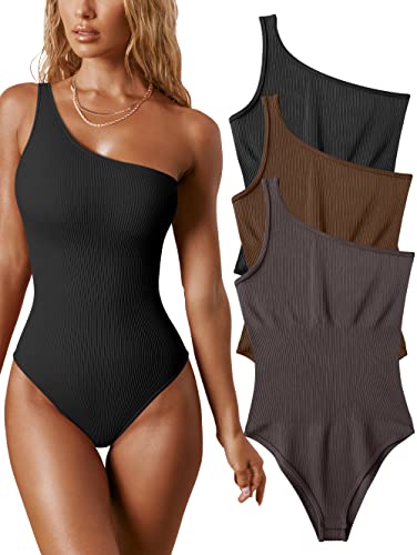 OQQ Women's 3 Piece Sexy Ribbed One Shoulder Sleeveless Exercise BodySuit, Black Coffee Tealeaf, Small