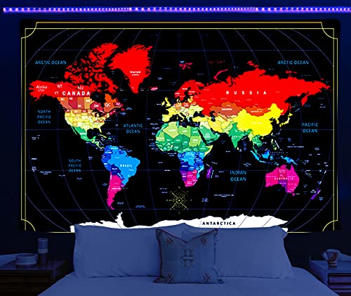 BIECWIAY World Map Blacklight Tapestry UV Reactive Tapestry for Bedroom Fantasy Trippy Tapestry Black Light Tapestry Aesthetic Wall Hanging for Room Home Decor