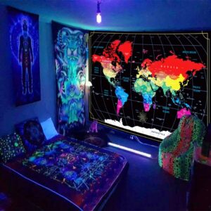 BIECWIAY World Map Blacklight Tapestry UV Reactive Tapestry for Bedroom Fantasy Trippy Tapestry Black Light Tapestry Aesthetic Wall Hanging for Room Home Decor