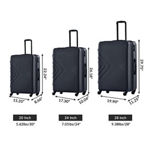 Tripcomp Luggage Sets Wear-Resistance Hardside Lightweight Suitcase Double Spinner Wheels, TSA Lock,Two Hooks, Scratch-resistant Carry-on,3 Piece Set(20inch 24inch 28inch) (Black)