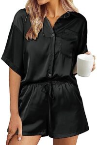 prettygarden women's 2 piece satin pajama sets short sleeve button down tops and shorts set 2023 summer pjs silk sleepwear (black,medium)