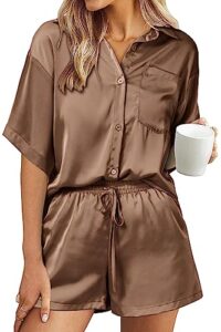 prettygarden women's 2 piece satin pajama sets short sleeve button down tops and shorts set 2023 summer pjs silk sleepwear (brown,small)