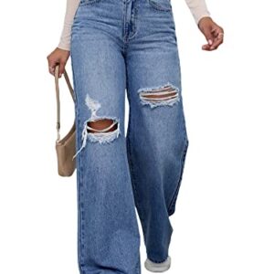 WDIRARA Women's High Waist Ripped Wide Leg Baggy Jeans Distressed Denim Pants Medium Wash S