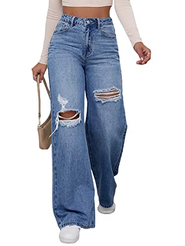 WDIRARA Women's High Waist Ripped Wide Leg Baggy Jeans Distressed Denim Pants Medium Wash S