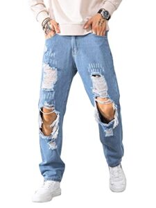 wdirara men's cut out ripped frayed zipper fly long straight leg denim jeans light wash m