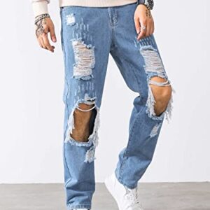 WDIRARA Men's Cut Out Ripped Frayed Zipper Fly Long Straight Leg Denim Jeans Light Wash M