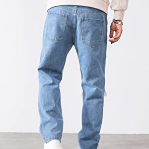 WDIRARA Men's Cut Out Ripped Frayed Zipper Fly Long Straight Leg Denim Jeans Light Wash M