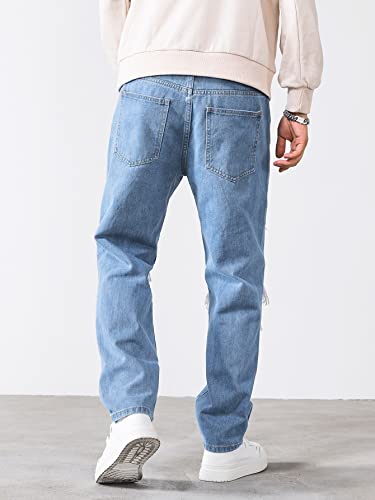 WDIRARA Men's Cut Out Ripped Frayed Zipper Fly Long Straight Leg Denim Jeans Light Wash M