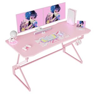 cubicubi simple gaming desk z shaped 40 inch gamer workstation, home computer carbon fiber surface gaming desk pc table with headphone hook, pink