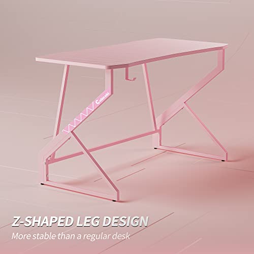 CubiCubi Simple Gaming Desk Z Shaped 40 inch Gamer Workstation, Home Computer Carbon Fiber Surface Gaming Desk PC Table with Headphone Hook, Pink