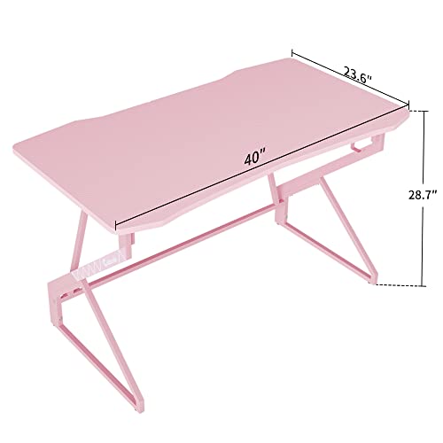 CubiCubi Simple Gaming Desk Z Shaped 40 inch Gamer Workstation, Home Computer Carbon Fiber Surface Gaming Desk PC Table with Headphone Hook, Pink