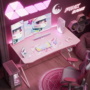 CubiCubi Simple Gaming Desk Z Shaped 40 inch Gamer Workstation, Home Computer Carbon Fiber Surface Gaming Desk PC Table with Headphone Hook, Pink