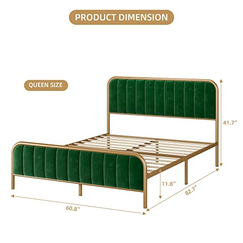 Senfot Queen Bed Frame Modern Upholstered Platform with Velvet Headboard and Gold Frame, Wooden Slat Support No Box Spring Needed in Gold and Green