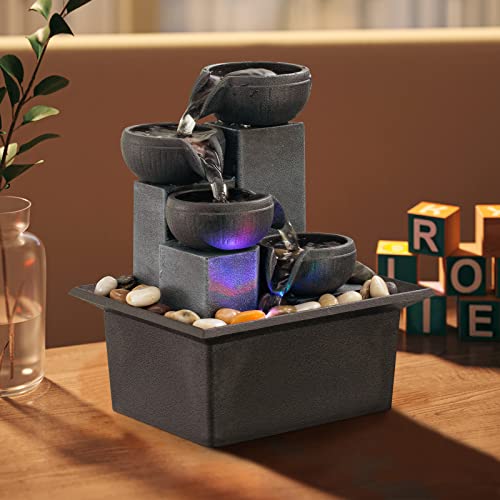 Tabletop Fountain Indoor Mini Waterfall 4-Tier Relaxation Tabletop Fountain Small Indoor Fountain Meditation Fountain Includes Natural River Rocks and Multi-Coloured Lights (Premium Grey)