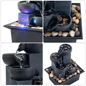 Tabletop Fountain Indoor Mini Waterfall 4-Tier Relaxation Tabletop Fountain Small Indoor Fountain Meditation Fountain Includes Natural River Rocks and Multi-Coloured Lights (Premium Grey)