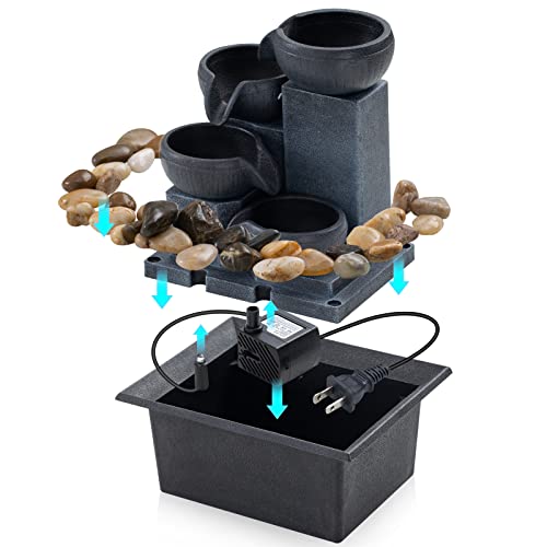 Tabletop Fountain Indoor Mini Waterfall 4-Tier Relaxation Tabletop Fountain Small Indoor Fountain Meditation Fountain Includes Natural River Rocks and Multi-Coloured Lights (Premium Grey)