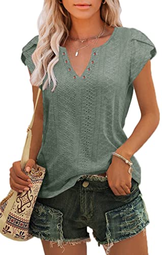 Womens Summer Tops Casual Country V Neck Tee Shirts Petal Sleeve Fashion Loose Blouse B-Green