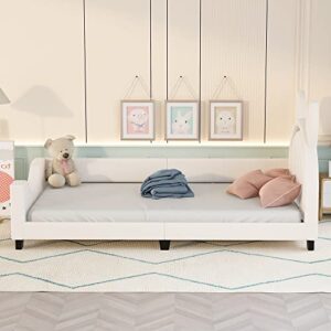 MWrouqfur Wooden Twin Size Upholstered Bed Frame with Carton Ears Shaped Headboard, Twin PU Leather Platform Bed for Girls Boys, Low Profile Single Bed - No Box Spring Needed