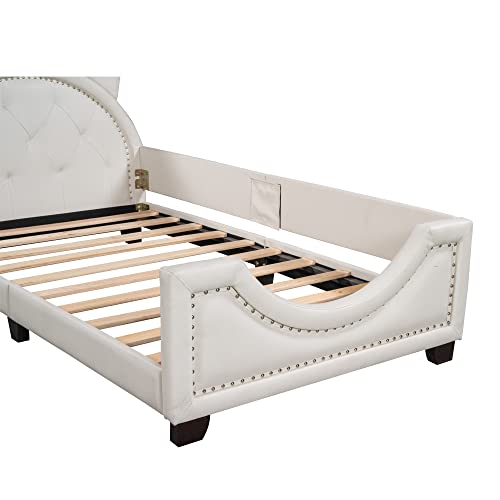 MWrouqfur Wooden Twin Size Upholstered Bed Frame with Carton Ears Shaped Headboard, Twin PU Leather Platform Bed for Girls Boys, Low Profile Single Bed - No Box Spring Needed