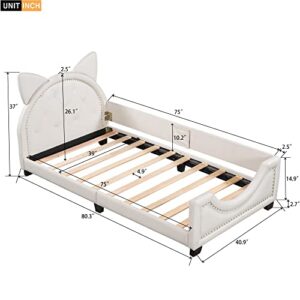 MWrouqfur Wooden Twin Size Upholstered Bed Frame with Carton Ears Shaped Headboard, Twin PU Leather Platform Bed for Girls Boys, Low Profile Single Bed - No Box Spring Needed