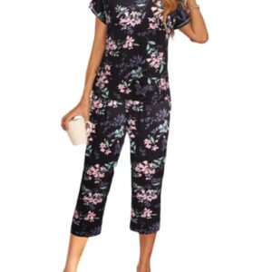 Ekouaer Women's Pajama Set Soft Short Sleeve 2 Piece Lounge Sleepwear with Pockets Black Flower L