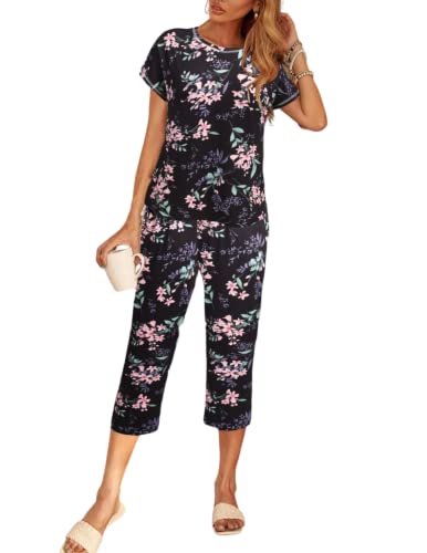 Ekouaer Women's Pajama Set Soft Short Sleeve 2 Piece Lounge Sleepwear with Pockets Black Flower L