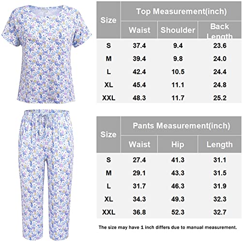 Ekouaer Women's Pajama Set Soft Short Sleeve 2 Piece Lounge Sleepwear with Pockets Black Flower L