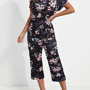 Ekouaer Women's Pajama Set Soft Short Sleeve 2 Piece Lounge Sleepwear with Pockets Black Flower L