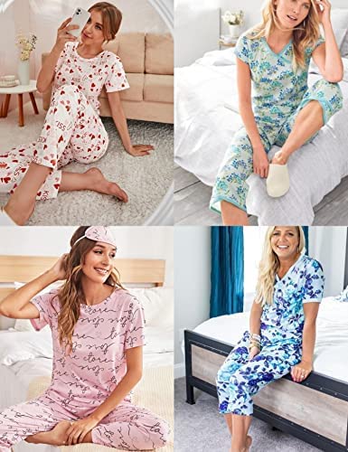 Ekouaer Women's Pajama Set Soft Short Sleeve 2 Piece Lounge Sleepwear with Pockets Black Flower L