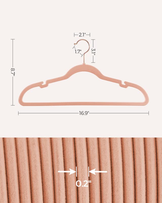 SONGMICS Velvet Hangers 50 Pack, Non-Slip Clothes Hangers, with Shoulder Notches, Pants Bar, 360° Swivel Hook, Space-Saving, for Closet, Pink UCRF029PK05