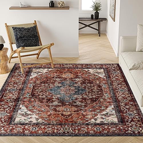 Valenrug 6x9 Area Rugs - Stain Resistant Lightweight Washable Rug, Anti-Skid Rugs for Living Room, Boho Persian Area Rug(Coffee/Red, 6'x9')