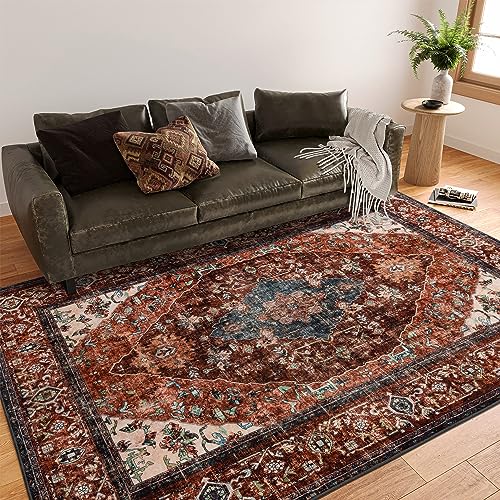 Valenrug 6x9 Area Rugs - Stain Resistant Lightweight Washable Rug, Anti-Skid Rugs for Living Room, Boho Persian Area Rug(Coffee/Red, 6'x9')