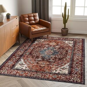 Valenrug 6x9 Area Rugs - Stain Resistant Lightweight Washable Rug, Anti-Skid Rugs for Living Room, Boho Persian Area Rug(Coffee/Red, 6'x9')