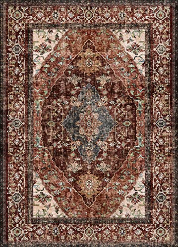 Valenrug 6x9 Area Rugs - Stain Resistant Lightweight Washable Rug, Anti-Skid Rugs for Living Room, Boho Persian Area Rug(Coffee/Red, 6'x9')