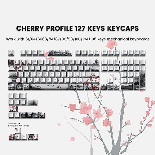 XVX Shine Through Keycaps - PBT Japanese Keycaps, 127 Keys Plum Blossom Custom Keycap Set Dye-Sublimation Cherry Profile Keyboard Keycaps for Cherry Gateron MX Switches Mechanical Keyboards