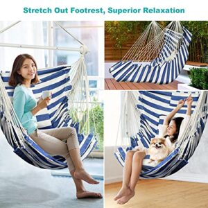 Hammock Chair, Hanging Chair with 3 Cushions and Foot Rest Support, Durable Metal Spreader Bar Max 440 Lbs, Swing Chair for Bedroom, Indoor & Outdoor, Patio, Porch or Tree（Blue and White）