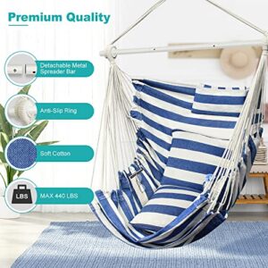 Hammock Chair, Hanging Chair with 3 Cushions and Foot Rest Support, Durable Metal Spreader Bar Max 440 Lbs, Swing Chair for Bedroom, Indoor & Outdoor, Patio, Porch or Tree（Blue and White）