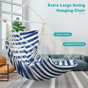 Hammock Chair, Hanging Chair with 3 Cushions and Foot Rest Support, Durable Metal Spreader Bar Max 440 Lbs, Swing Chair for Bedroom, Indoor & Outdoor, Patio, Porch or Tree（Blue and White）