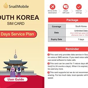 SnailMobile SIM Card for Korea - Unlimited Data/ 7 Days,4G/3GLTE Travel Data(No Message & Call, Unlocked Phone)