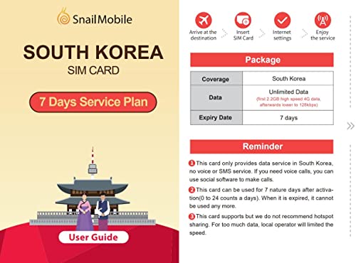 SnailMobile SIM Card for Korea - Unlimited Data/ 7 Days,4G/3GLTE Travel Data(No Message & Call, Unlocked Phone)