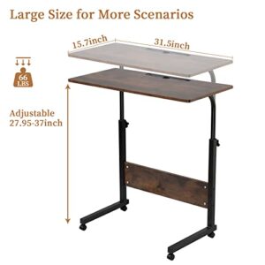 Hadulcet Mobile Side Table, Mobile Laptop Desk Cart, Mobile Computer Desk Stand Up Desk Office, Adjustable Over Bed Table with Wheels for Sofa, 31.5 x 15.7 in Rustic Brown