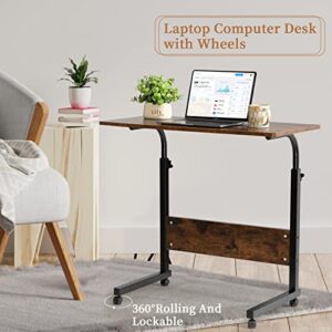 Hadulcet Mobile Side Table, Mobile Laptop Desk Cart, Mobile Computer Desk Stand Up Desk Office, Adjustable Over Bed Table with Wheels for Sofa, 31.5 x 15.7 in Rustic Brown