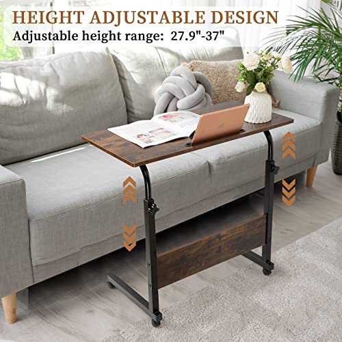 Hadulcet Mobile Side Table, Mobile Laptop Desk Cart, Mobile Computer Desk Stand Up Desk Office, Adjustable Over Bed Table with Wheels for Sofa, 31.5 x 15.7 in Rustic Brown