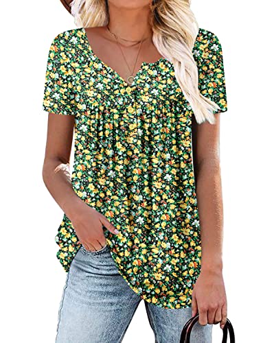 ROSELINLIN Womens Green Tunic Tops Summer Dressy Casual Short Sleeve Blouse Floral Shirts Plus Size 3XL