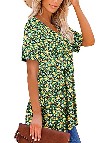 ROSELINLIN Womens Green Tunic Tops Summer Dressy Casual Short Sleeve Blouse Floral Shirts Plus Size 3XL