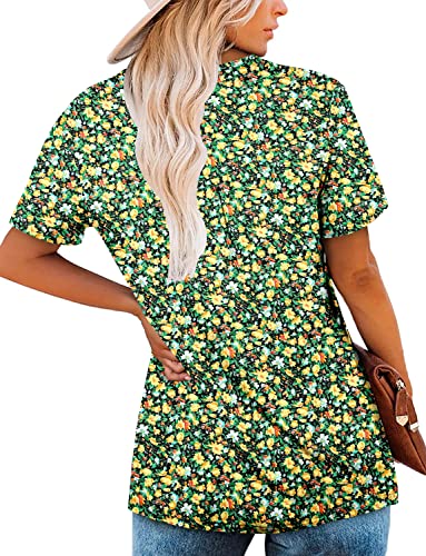 ROSELINLIN Womens Green Tunic Tops Summer Dressy Casual Short Sleeve Blouse Floral Shirts Plus Size 3XL