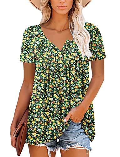 ROSELINLIN Womens Green Tunic Tops Summer Dressy Casual Short Sleeve Blouse Floral Shirts Plus Size 3XL