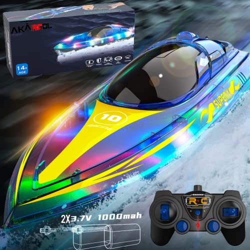 Akargol RC Boat with LED Light for Kids and Adults - Remote Control Boat for Pools and Lakes 2.4 GHZ RC Boats with 2 Rechargeable Battery