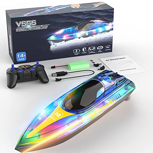 Akargol RC Boat with LED Light for Kids and Adults - Remote Control Boat for Pools and Lakes 2.4 GHZ RC Boats with 2 Rechargeable Battery