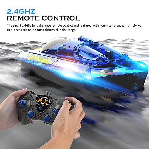 Akargol RC Boat with LED Light for Kids and Adults - Remote Control Boat for Pools and Lakes 2.4 GHZ RC Boats with 2 Rechargeable Battery